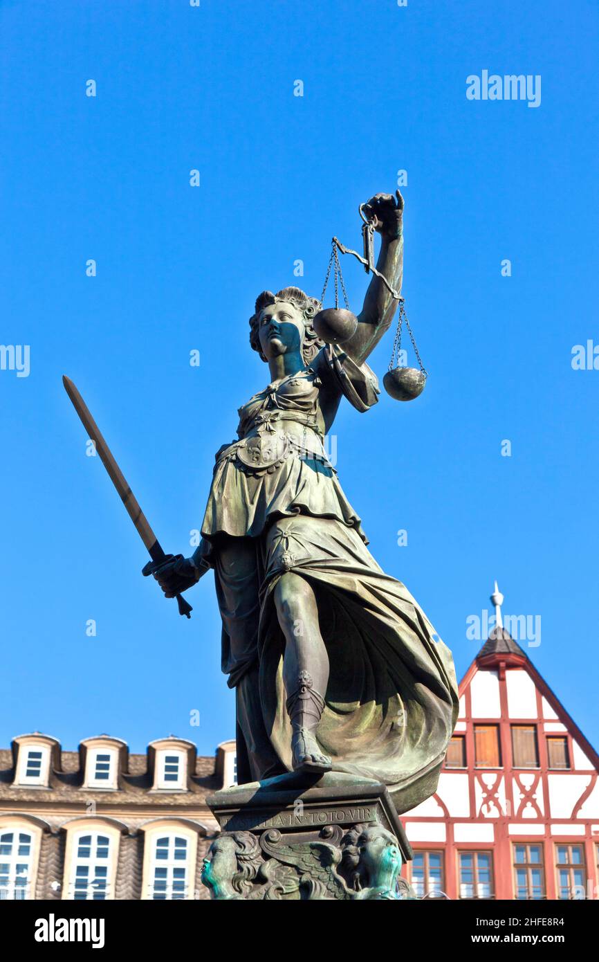 Statue of Lady Justice in front of the Romer in Frankfurt - Germany ...