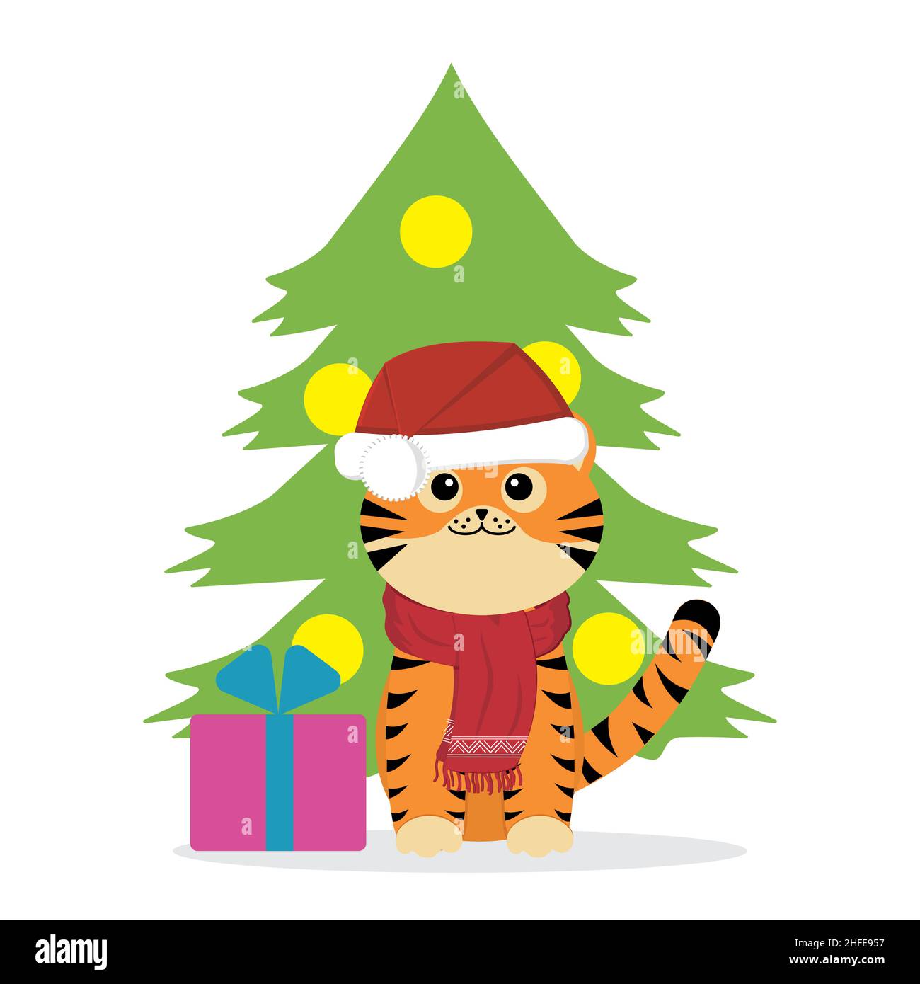 a little tiger cub on the background of a Christmas tree, color ...