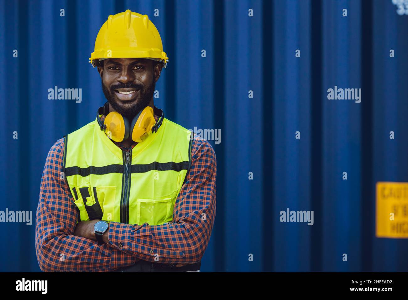 Portrait Black African staff worker happy smile working in cargo ...