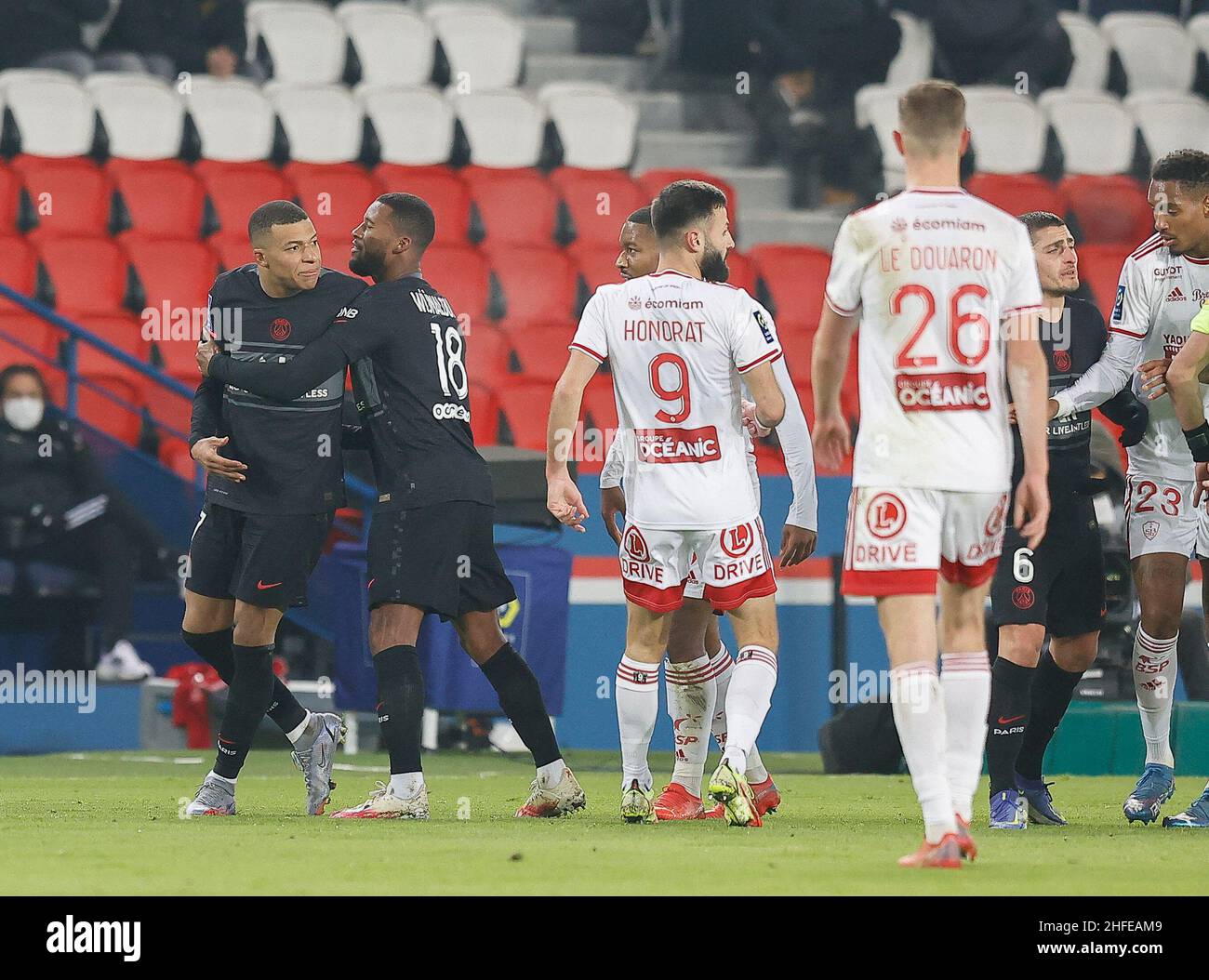 Kylian MBAPPE of PSG argue with Hugo MAGNETTI of STADE BRESTOIS during ...