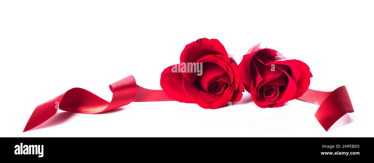 Two heart shaped red roses and ribbons isolated on white background ...