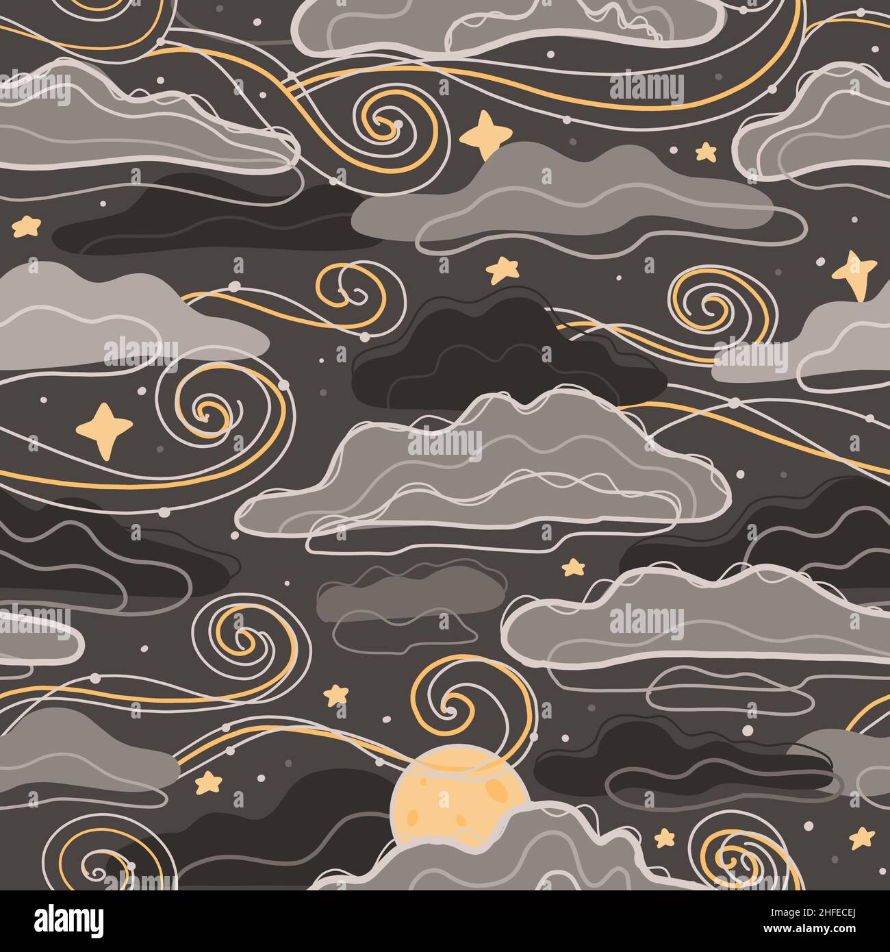 Mystical seamless pattern with stylized clouds and stars. Texture ...
