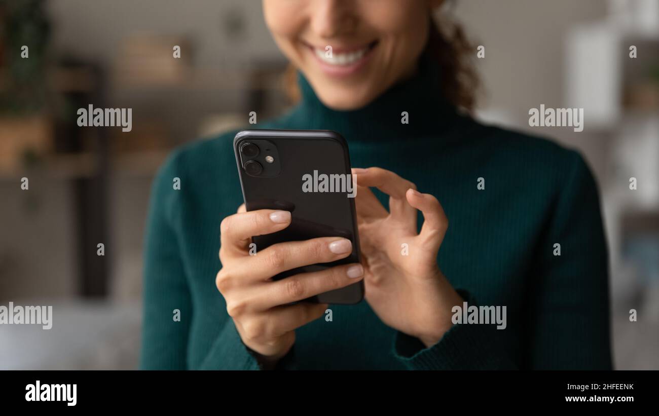 Close up woman cellphone home hi-res stock photography and images - Alamy