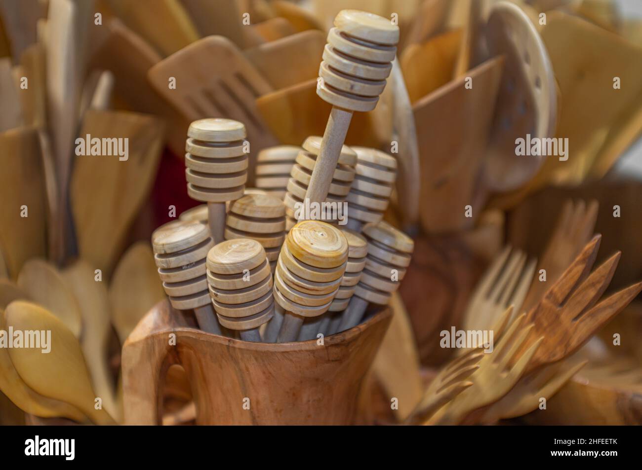 Handmade kitchen utensils of olive wood Stock Photo - Alamy