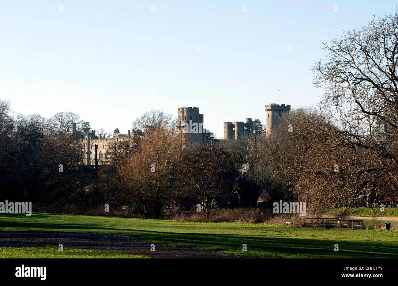 Warwick Castle in winter seen from Myton Field, Warwick, Warwickshire ...