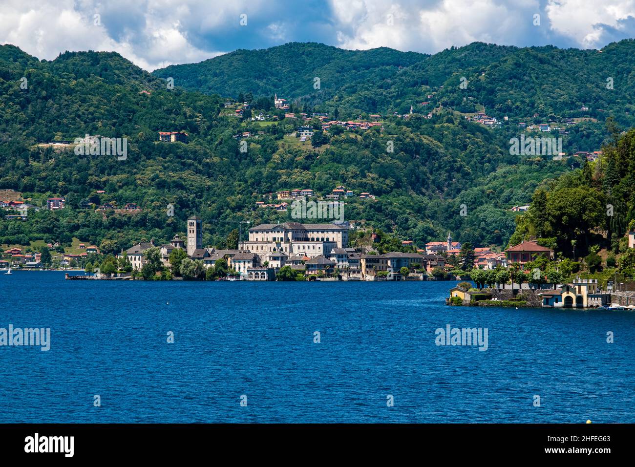 Part of Orta San Giulio and St. Julius Island seen across Lake Orta ...