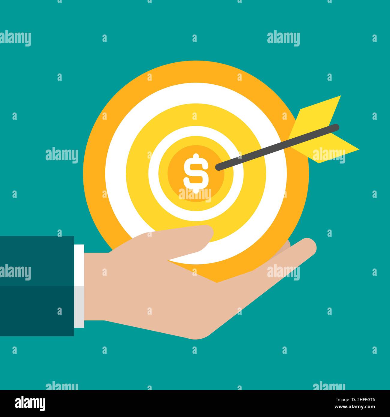 Businessman hand with golden archery money target and arrow. Achieve ...