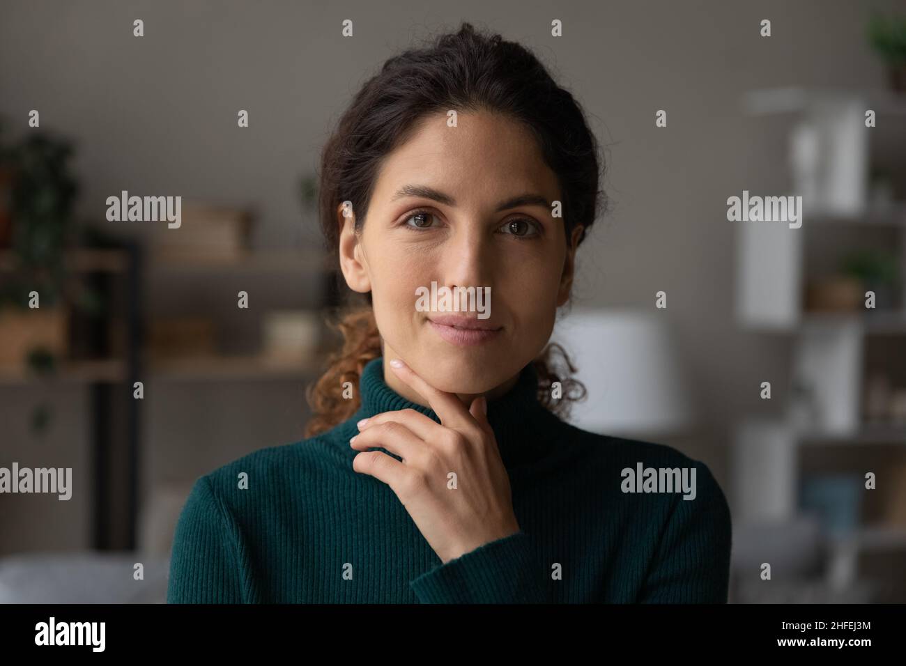 Head shot portrait beautiful calm woman touching chin Stock Photo - Alamy Head shot portrait beautiful calm woman touching chin Stock Photo - Alamy