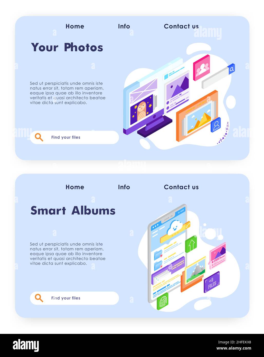 Smart photo album online. Upload photos to cloud storage. Isometric ...