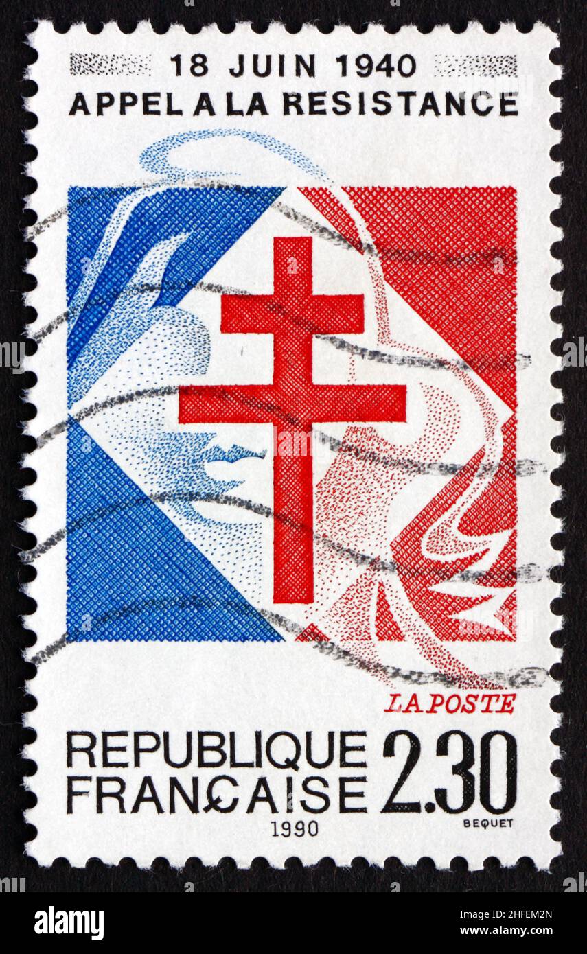 FRANCE - CIRCA 1990: a stamp printed in the France shows Lorraine Cross ...