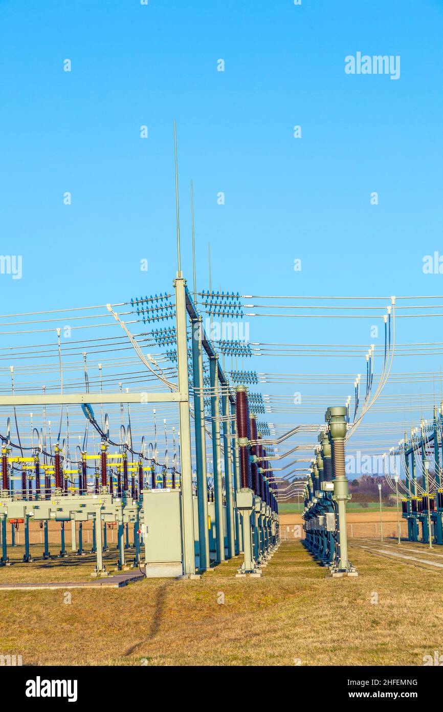 transformer station in rural landscape with blue sky Stock Photo - Alamy