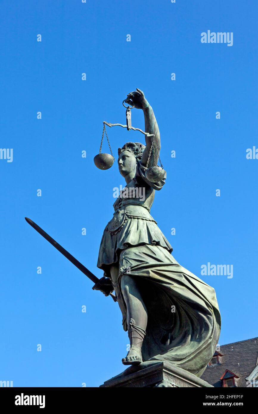 Statue of Lady Justice in front of the Romer in Frankfurt - Germany ...