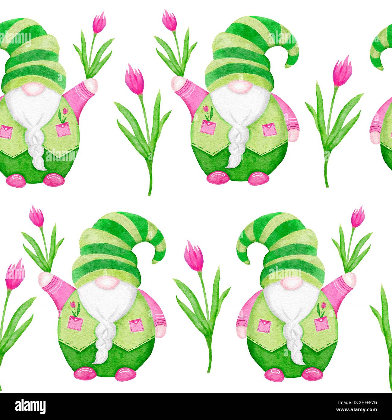 Watercolor hand drawn seamless pattern with Easter pink and green ...