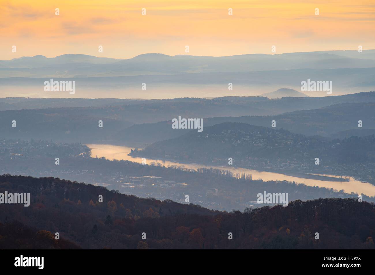 View over the Rhine and the south of Bonn on a late autumn afternoon ...