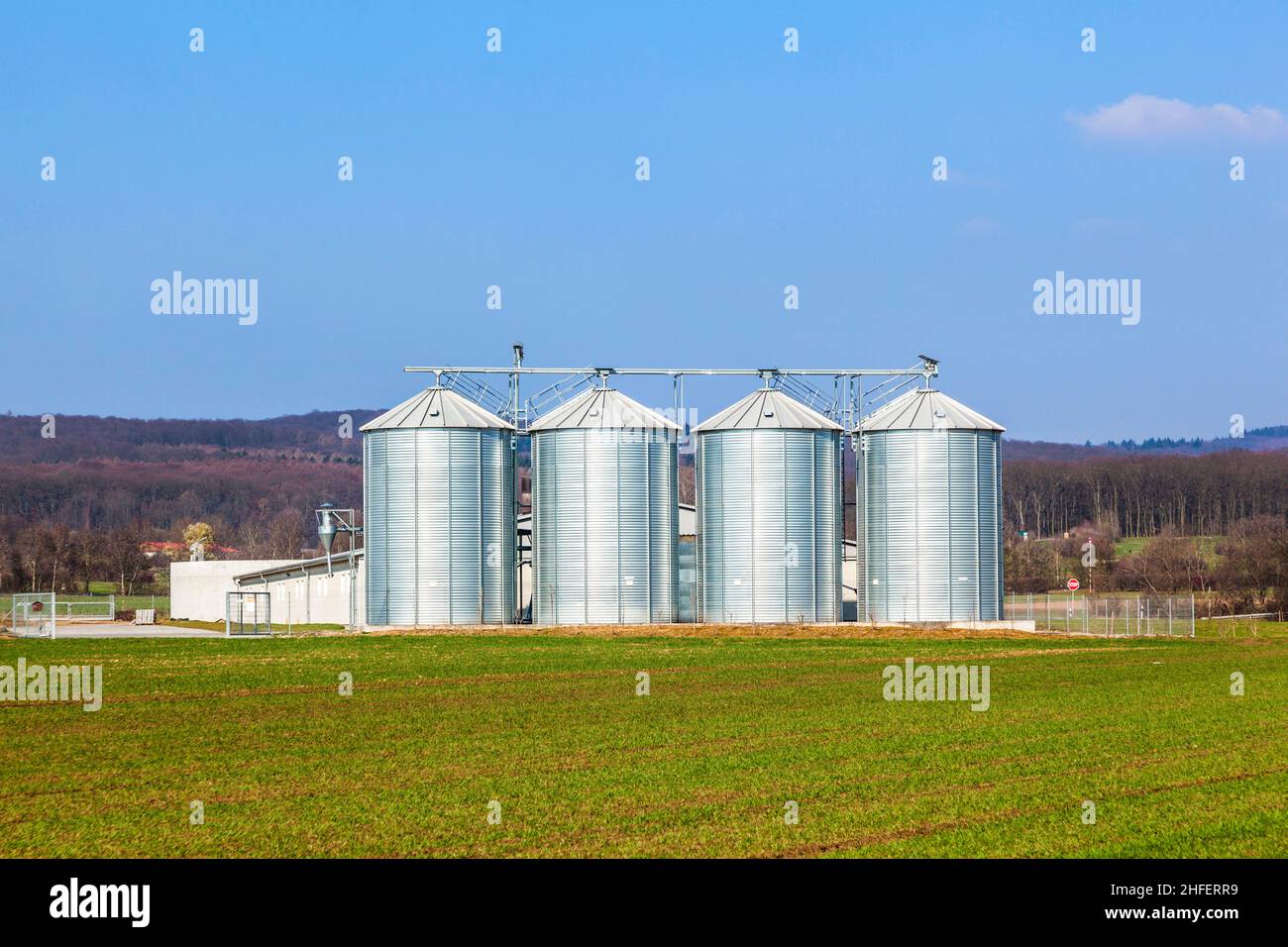four silver silos in field under bright sky Stock Photo - Alamy