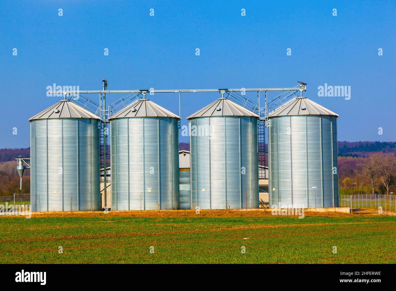 four silver silos in field under bright sky Stock Photo - Alamy