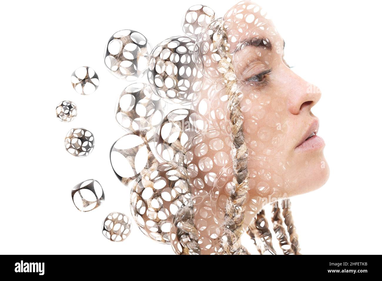 A profile portrait of a woman combined with multiple holey 3D spheres ...