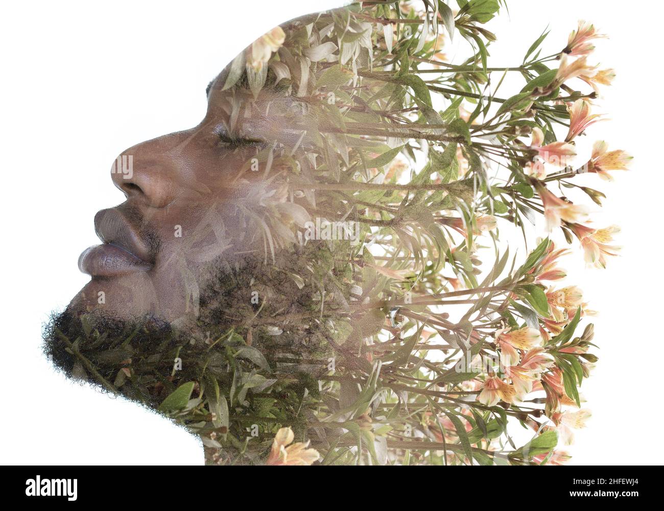 A portrait of a man dissolving into flowers in a double exposure ...
