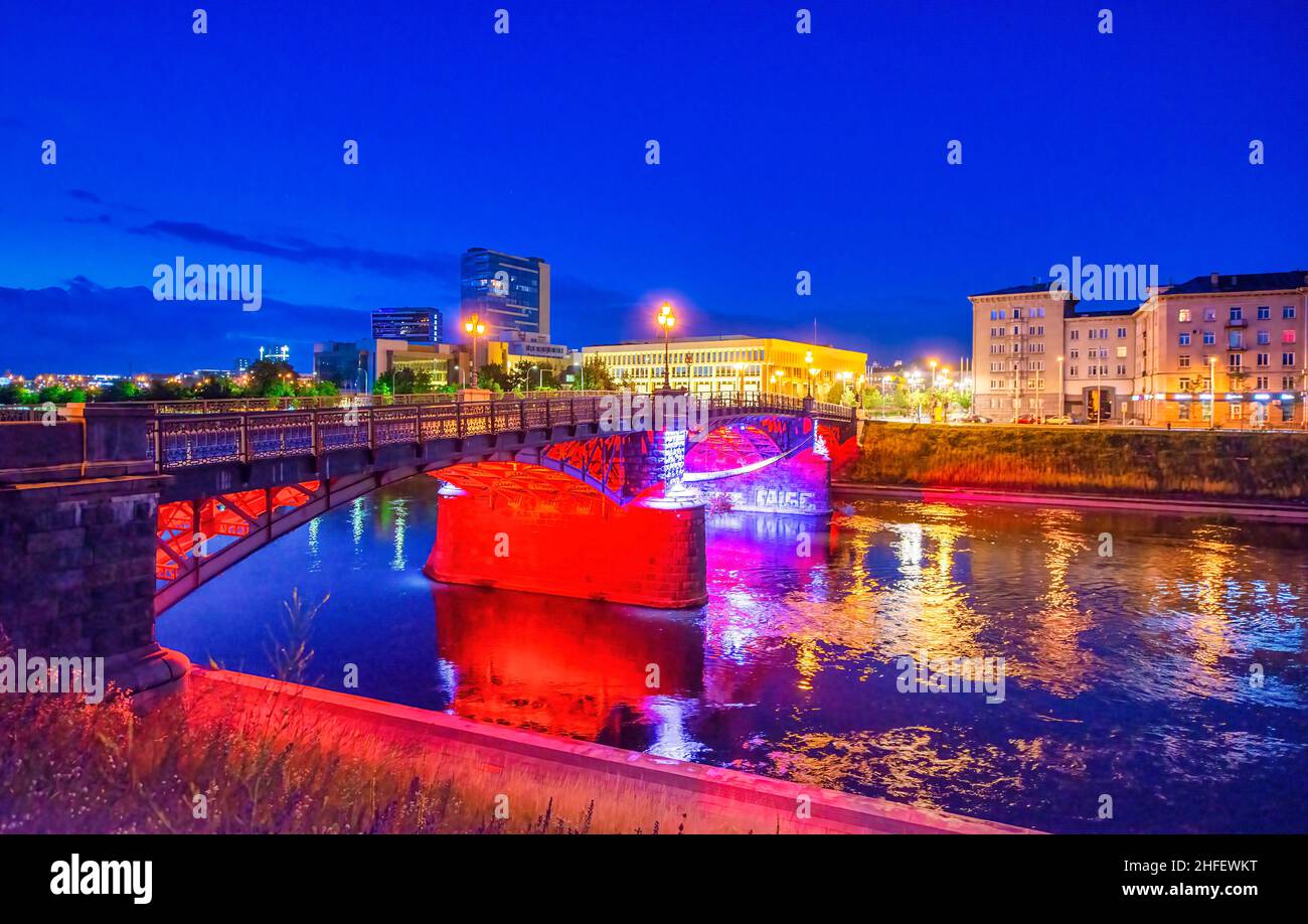 Illuminated bridge of Vilnius along Neris river, Lithuania Stock Photo ...