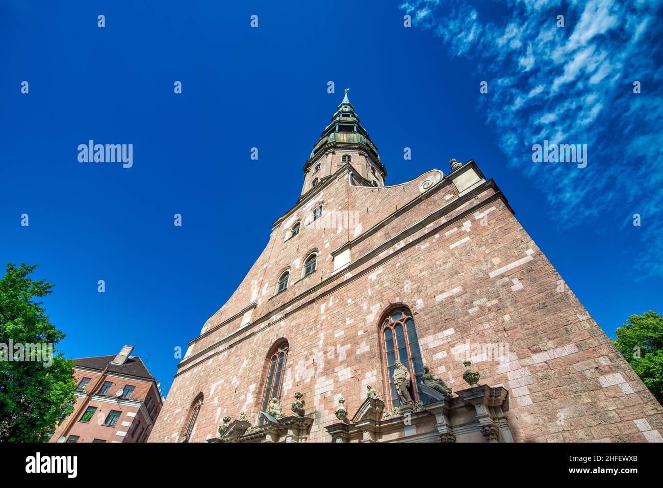 Spire with golden rooster on top of medieval St Peter church and its ...