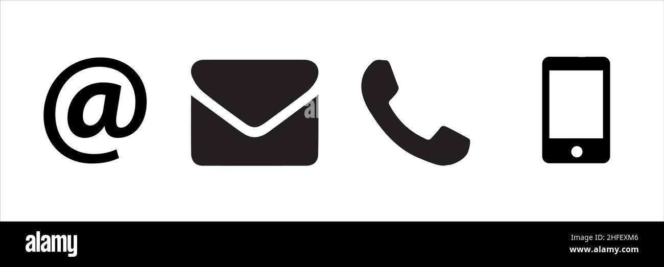 Contact icons in set on white background. Retro phone, mail, at symbol ...