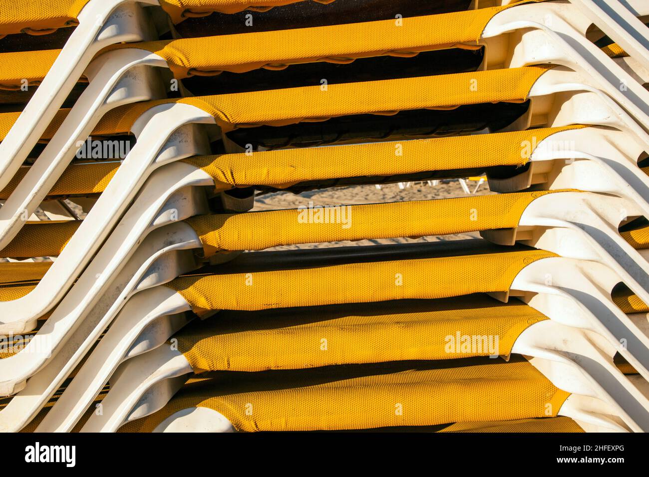structure of stapled beach beds in the morning at the beach Stock Photo ...