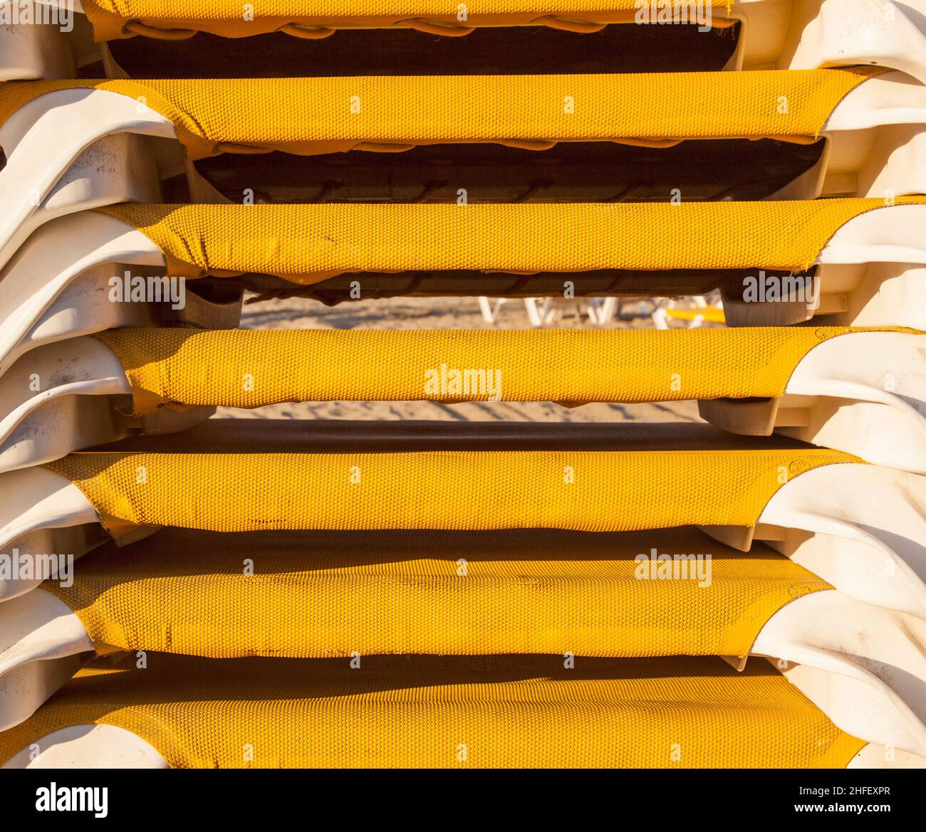 structure of stapled beach beds in the morning at the beach Stock Photo ...