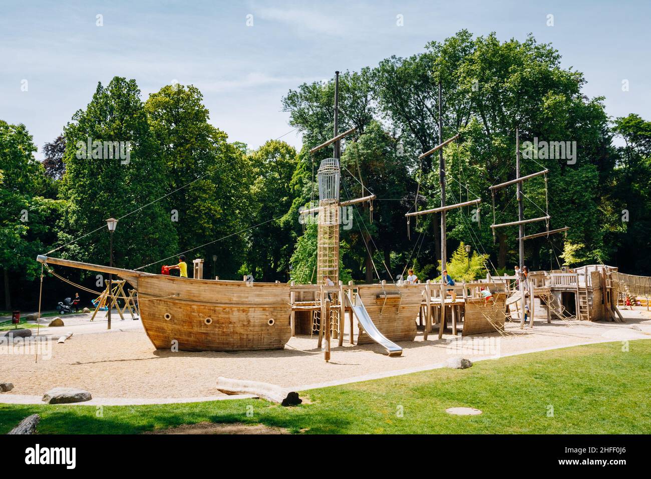 Wooden pirate boat shaped child playground in park Stock Photo - Alamy