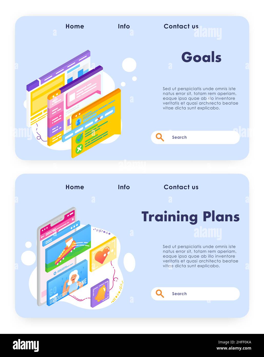 UX design screens. Sport training goals and plans app. Vector web site ...