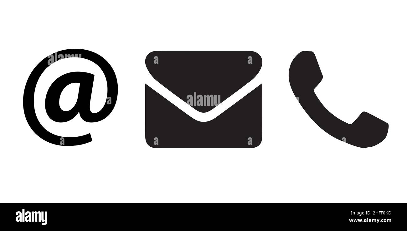 Contact icons in set on white background. Retro phone, mail and at ...