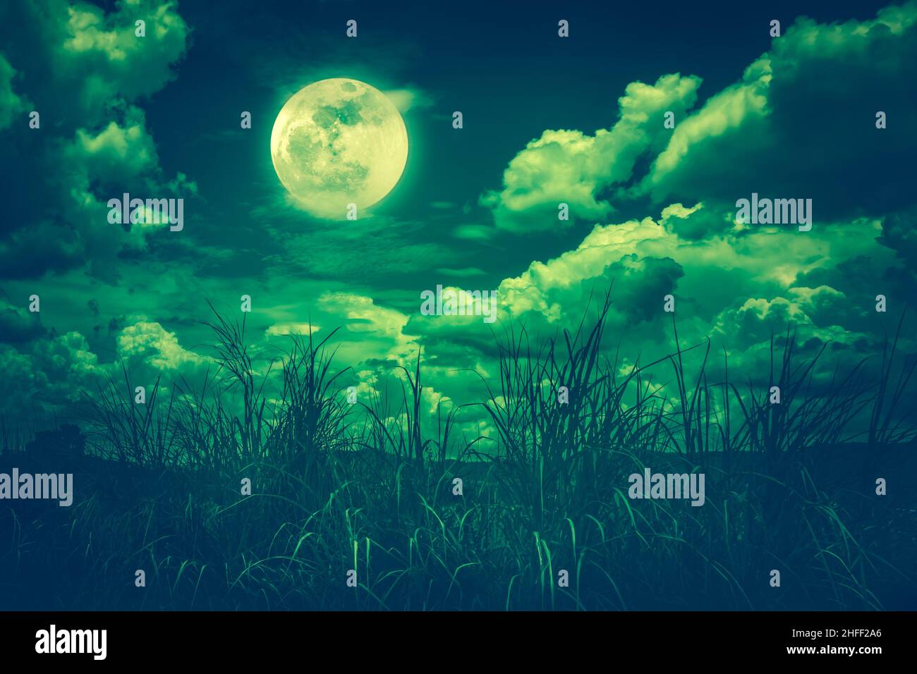 Landscape of night sky with clouds. Beautiful bright full moon above ...