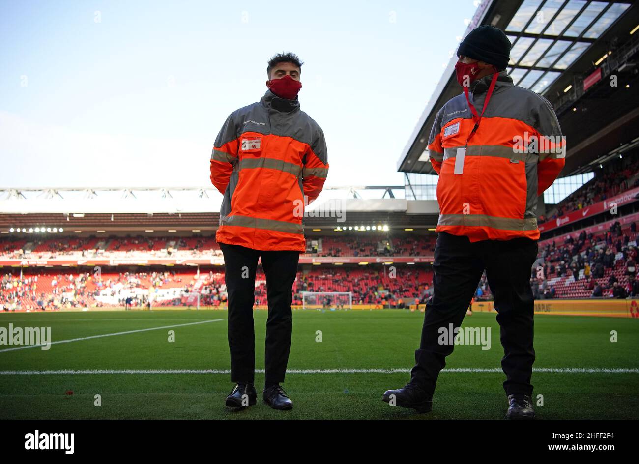 Stewards pitchside before the Premier League match at Anfield ...
