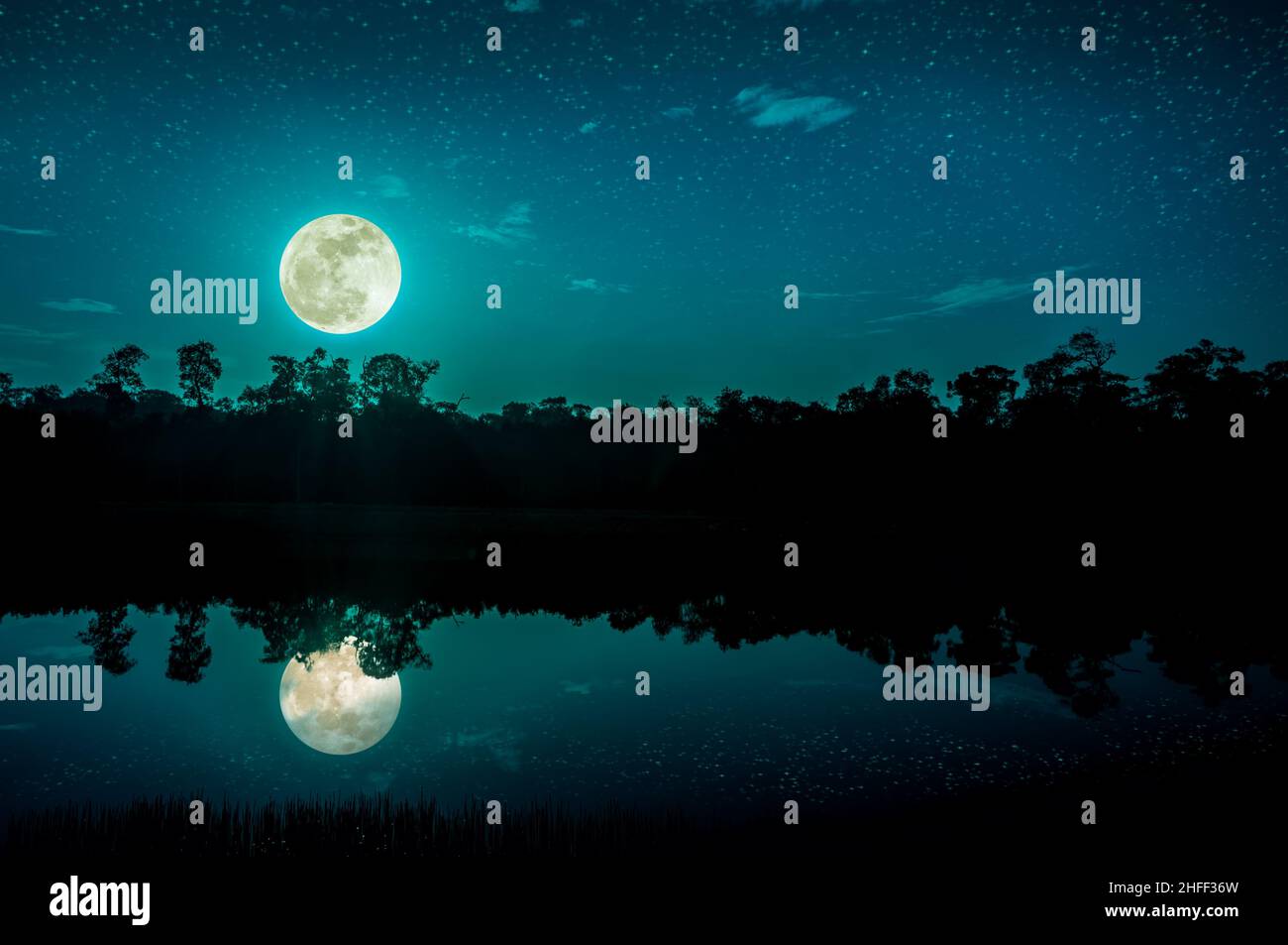 Beautiful landscape of night sky with many stars and full moon above ...