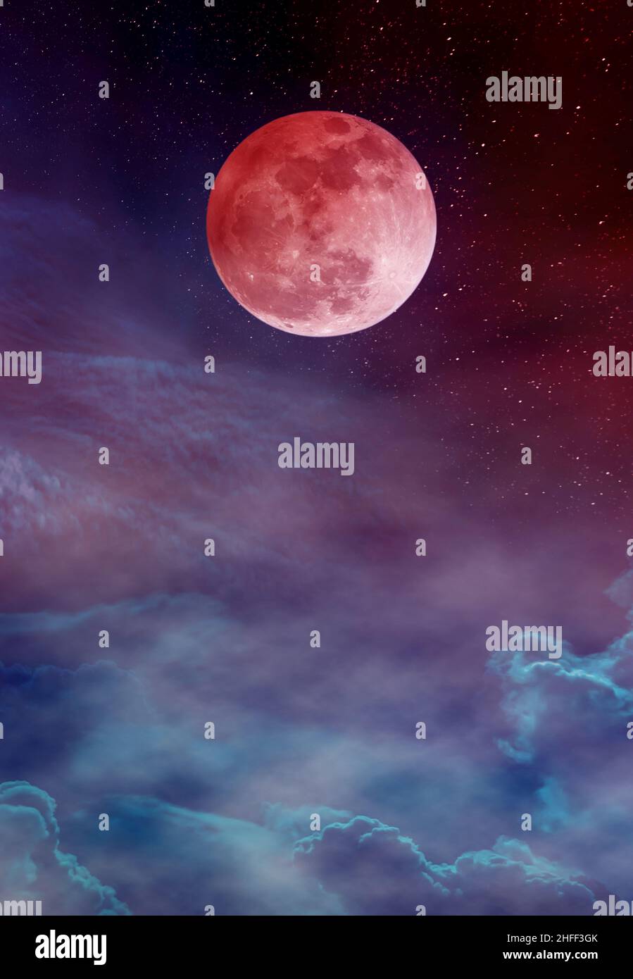 Red moon or blood moon with many stars and clouds. Beautiful night ...