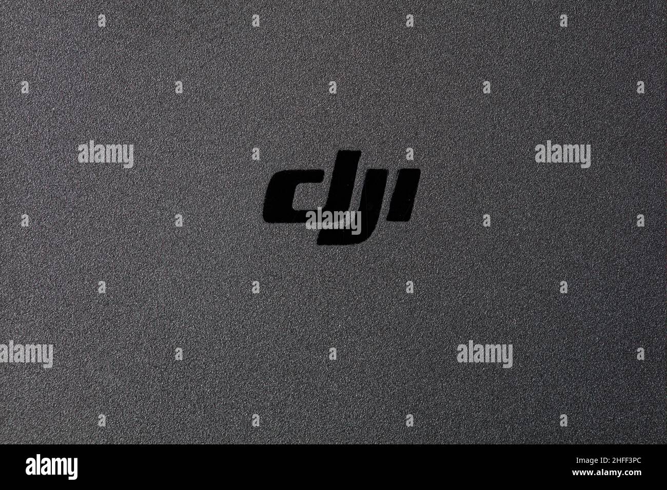 Shenzhen, China - January 15, 2022: Closeup of DJI logo on black box ...
