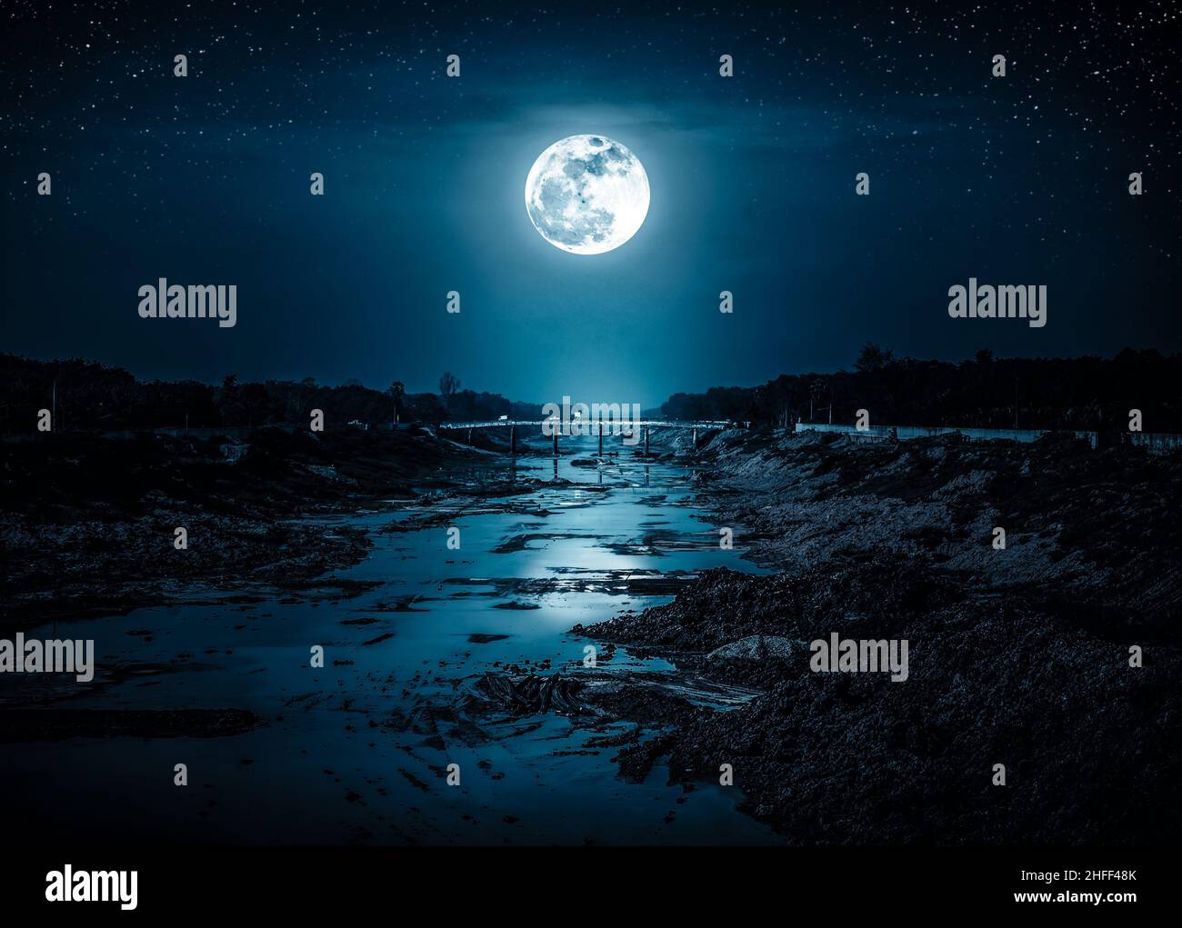 Landscape of night sky with many stars. Beautiful bright full moon ...