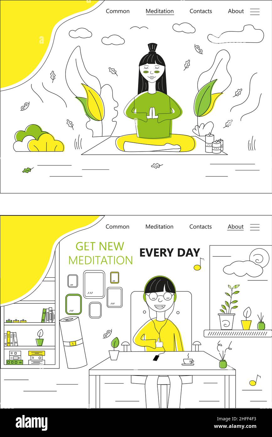 Girl is doing yoga and meditate in a park. Woman listen music at home ...