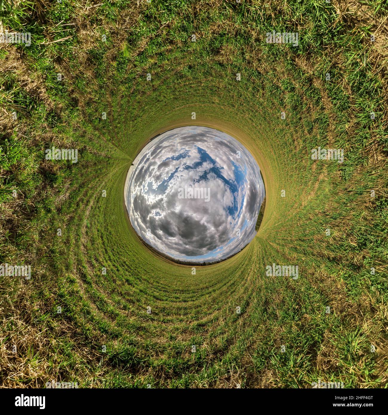 blue sphere little planet inside green grass round frame background ...