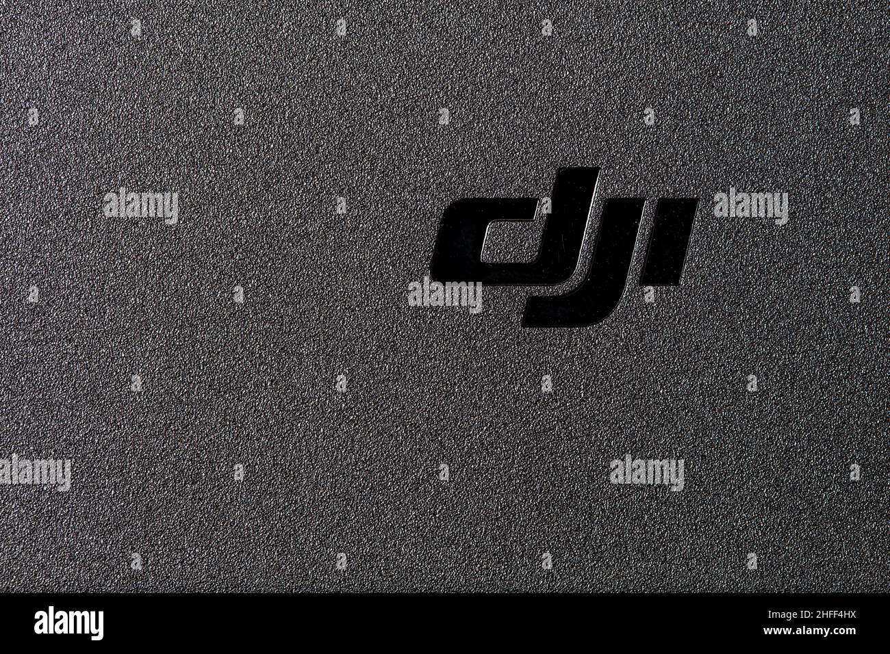 Shenzhen, China - January 15, 2022: Closeup of DJI logo on black box ...