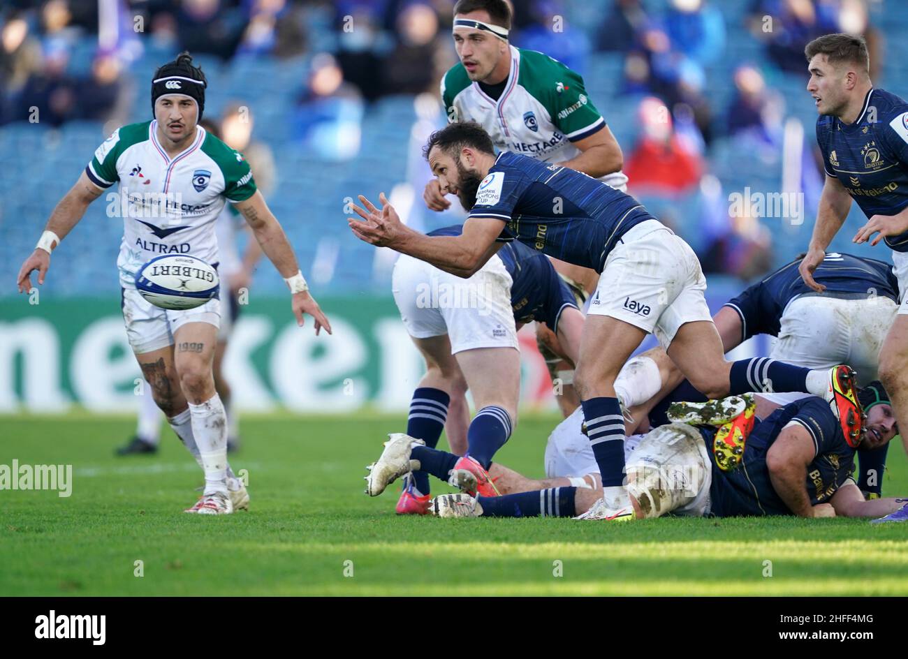 Leinster's Jamison Gibson-Park passes the ball during the Heineken ...