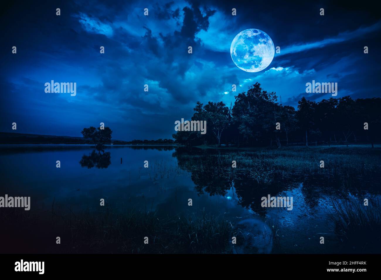 Landscape of dark night sky. Beautiful bright full moon and cloudy ...