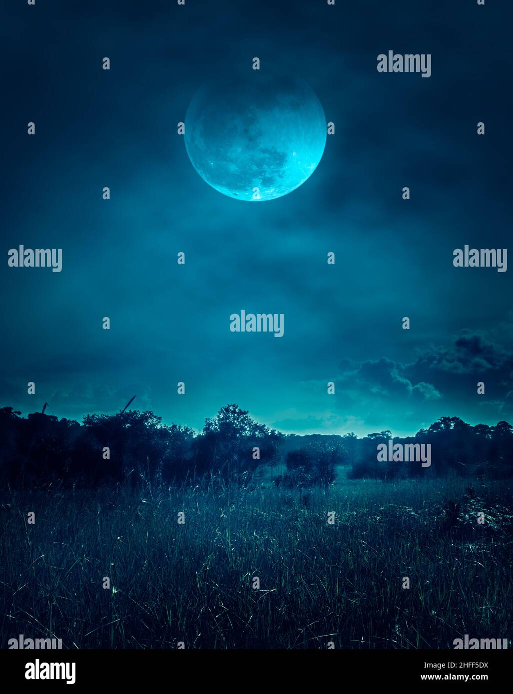 Landscape of dark night sky with clouds. Beautiful bright full moon ...