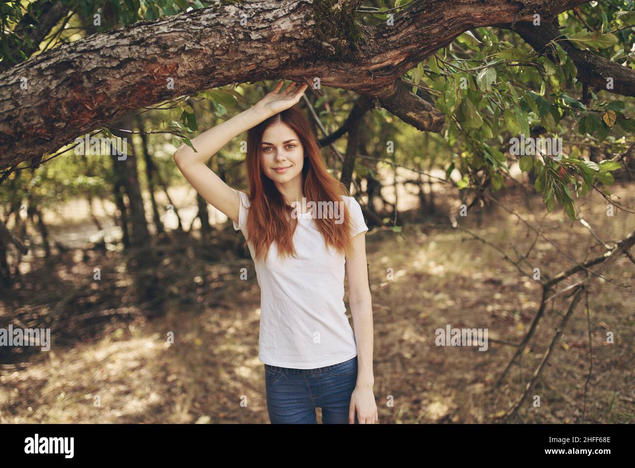 woman touching tree branch with hands on nature in garden summer ...