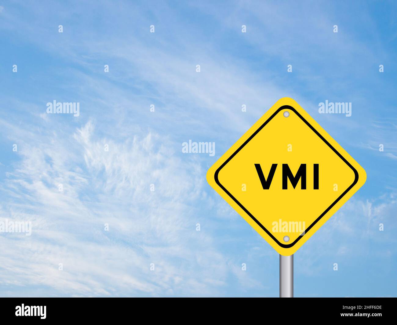 Yellow transportation sign with word VMI (abbreviation of vendor ...