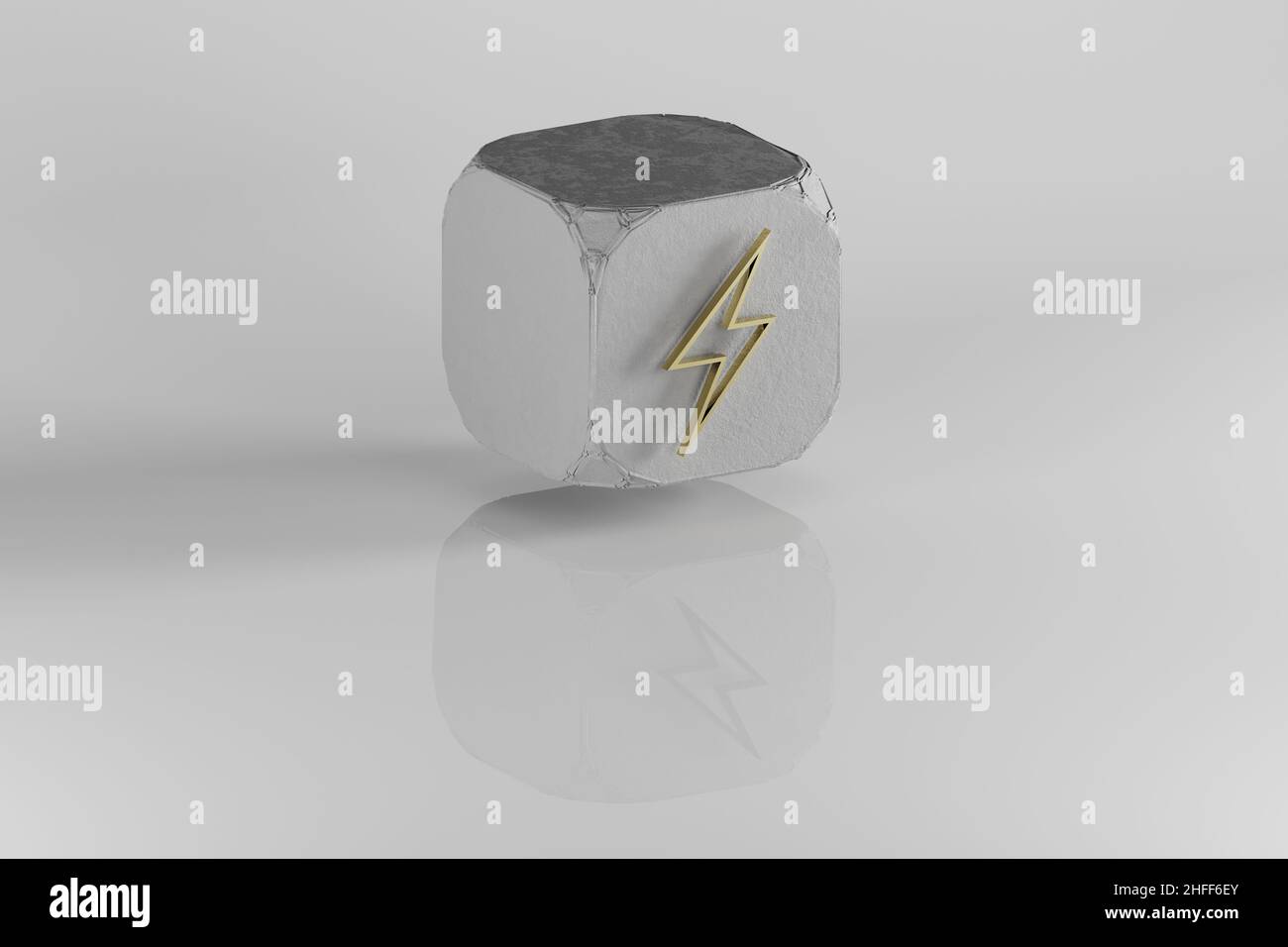 Lightning Bolt icon. Yellow Golden Lightning Bolt symbol on stone cube ...