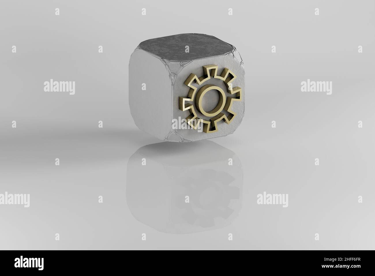 Gear icon. Yellow Golden Gear symbol on stone cube and white background ...