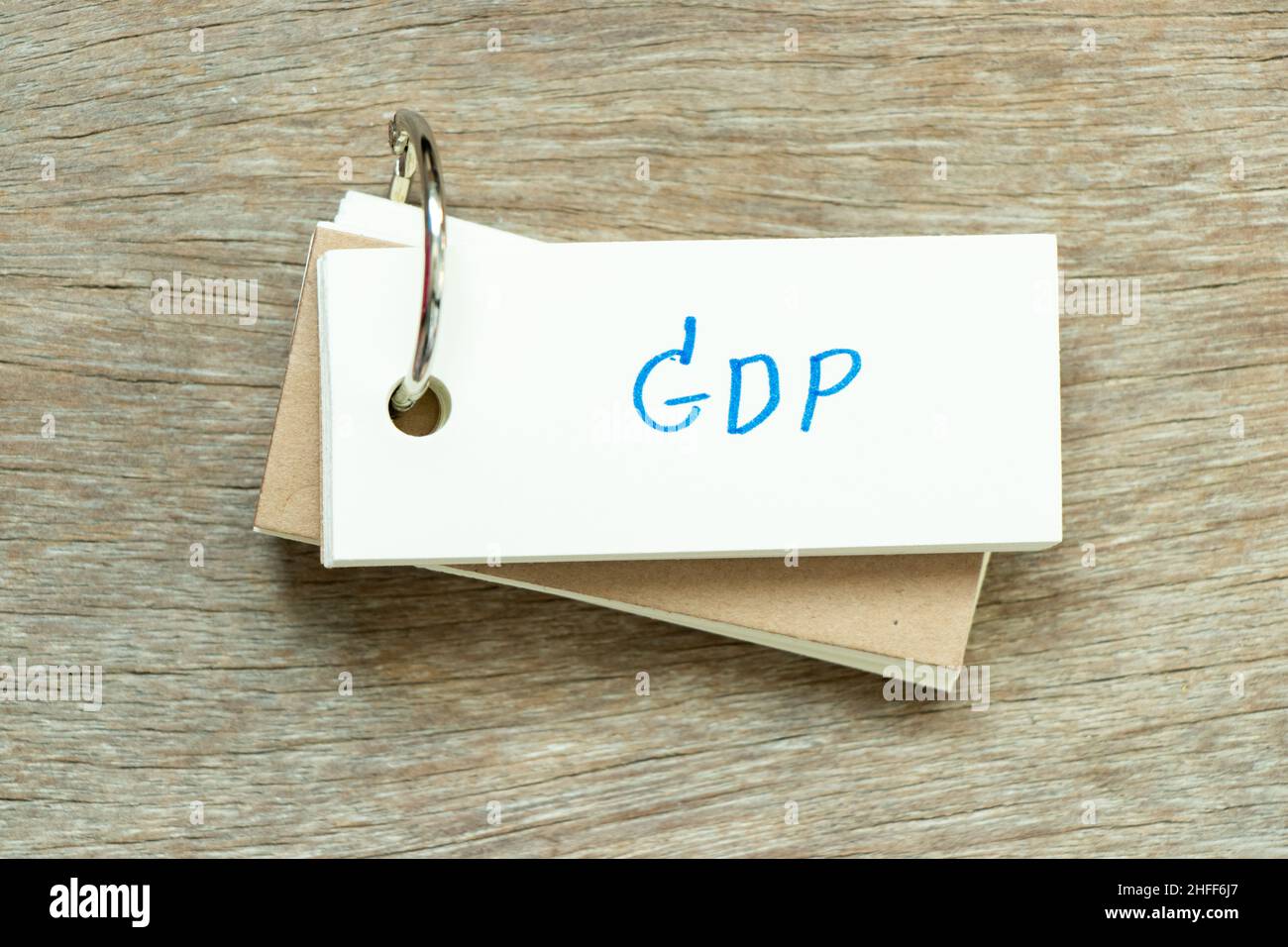 Flash card with handwriting word GDP (Abbreviation of good distribution ...
