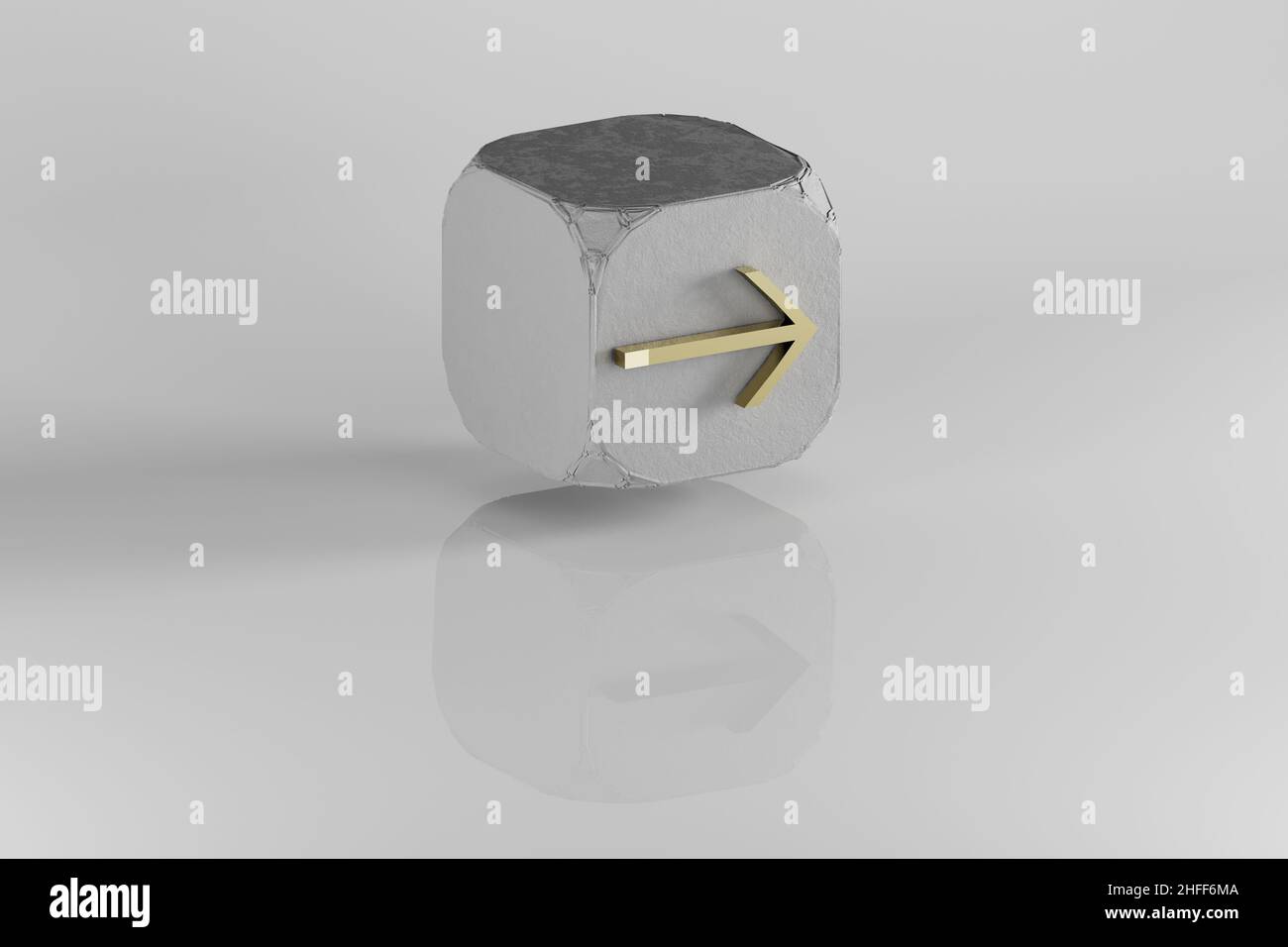 Arrow Right icon. Yellow Golden Arrow symbol on stone cube and white ...