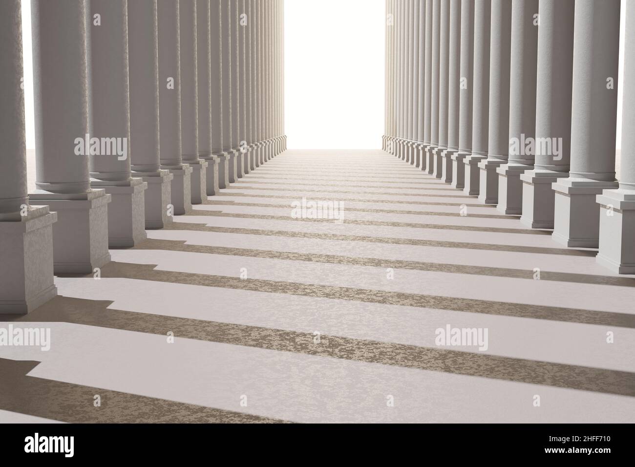 Gorgeous Graeco-Roman corridor with columns and a glowing heavenly ...