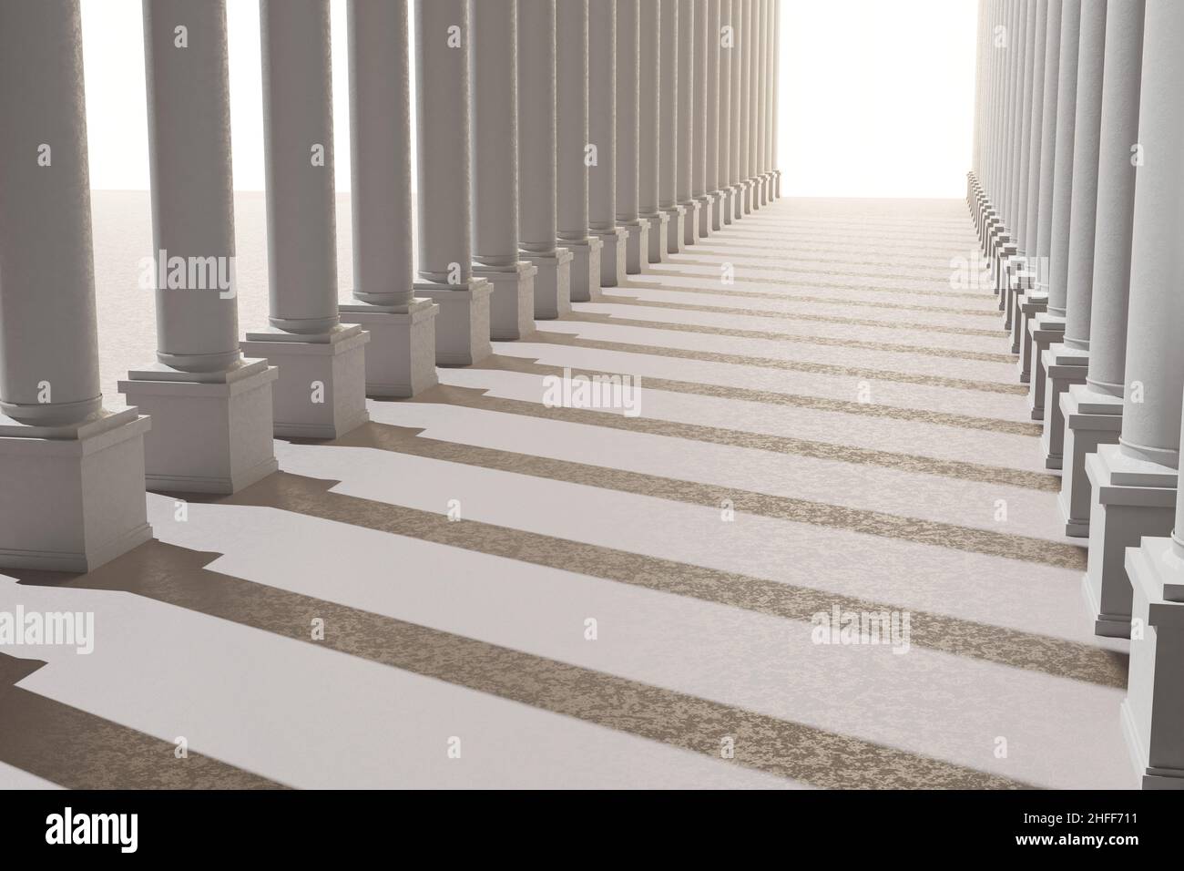 Gorgeous Graeco-Roman corridor with columns and a glowing heavenly ...